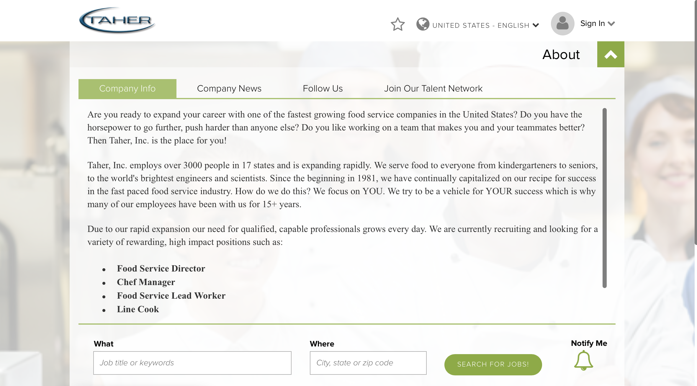 Taher Career Site Image - Taher, Inc. Food Service